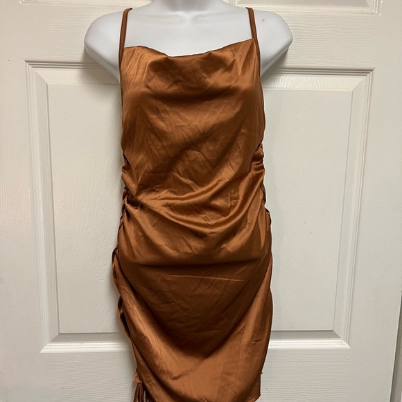 ROMWE | Dresses | Romwe Copper Draped Side Drawstring Satin Bodycon ...